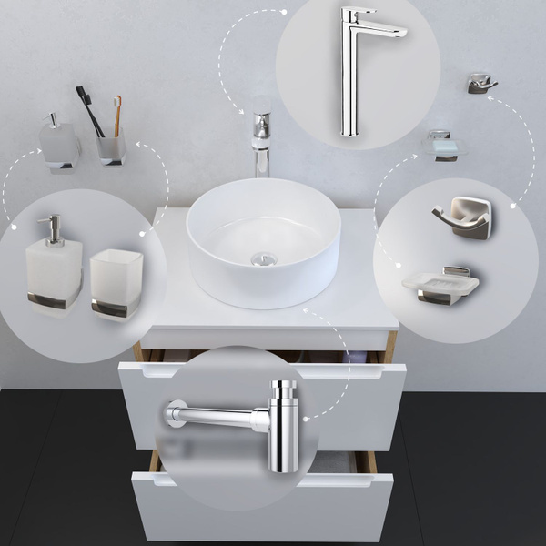 Комплект 9 в 1: подвесная тумба ЗОВ 60 см с раковиной Helmken 36 см, корпус ЛДСП, фасад МДФ ...