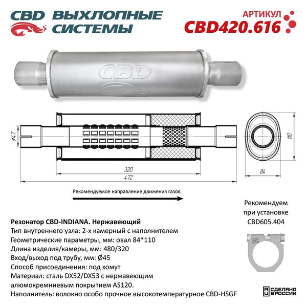 Резонатор CBD-INDIANA L480, овал 84*110мм, под трубу 45мм. Нержавеющий ...