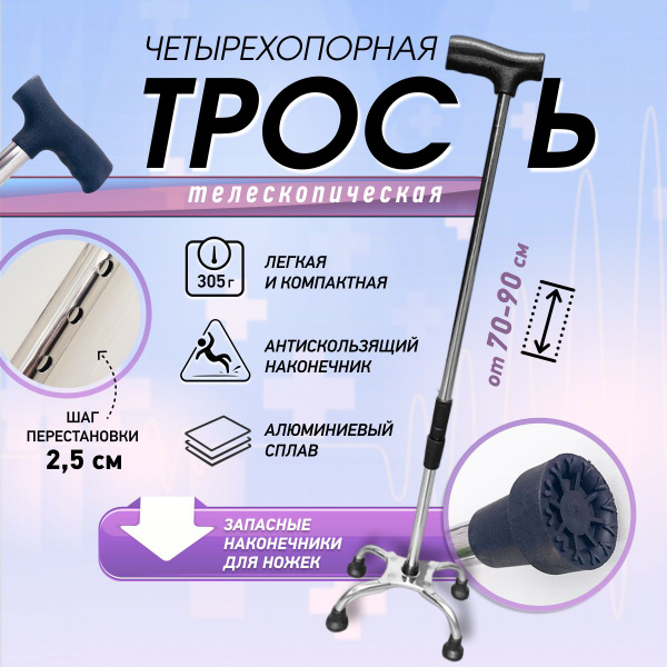 Трость четырехопорная для ходьбы, регулируемая по высоте, пожилых людей ...