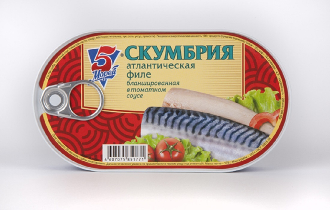 5 Морей, скумбрия натуральная, филе в томатном соусе, 3 шт по 175г ...