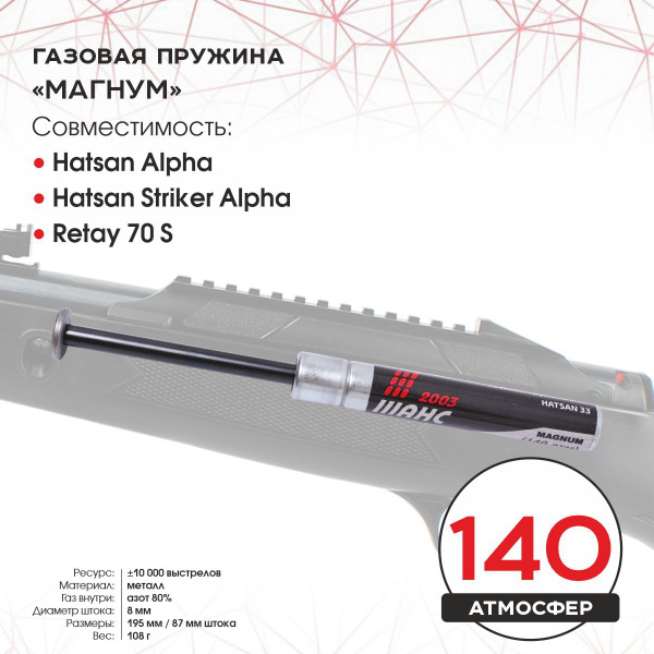 Пружина газовая магнум (140 атм) Hatsan 33, 35S, Alpha, Striker Alpha ...