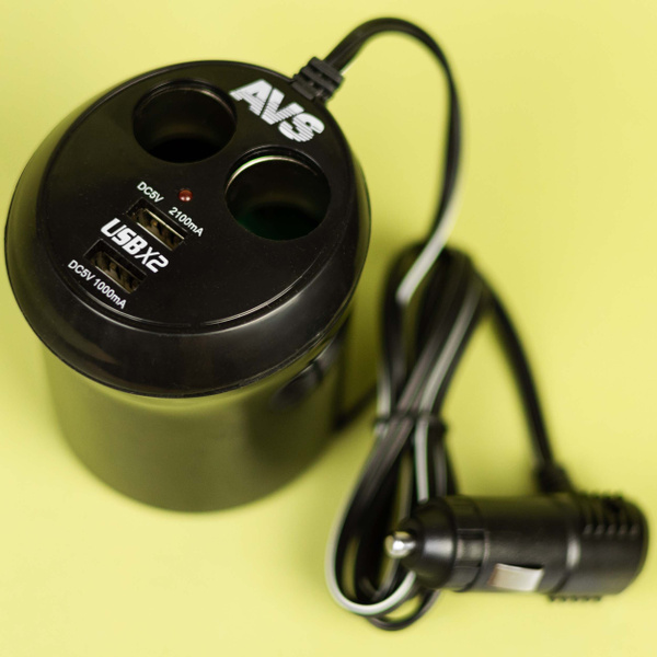 Разветвитель прикуривателя автомобиля AVS 12/24V, 60 Вт, 2 выхода + USB, 7х9,5см / Автомобильное ...