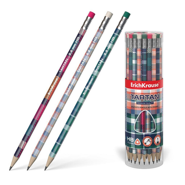 Чернографитный трехгранный карандаш с ластиком ErichKrause Tartan HB (в ...