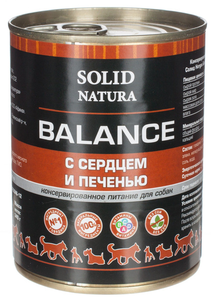 Корм Solid Natura Balance (в соусе) для собак, с сердцем и печенью, 340 г x 12 шт - купить с ...