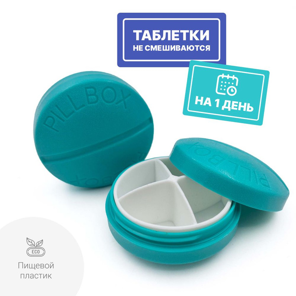 Таблетница на день, контейнер для таблеток, 4 секции (бирюзовый ...