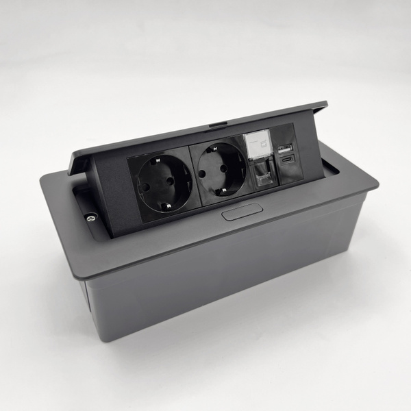 Розетка встраиваемая в столешницу на 2 розетки Rj45 Usb и Type C чёрная купить по низкой