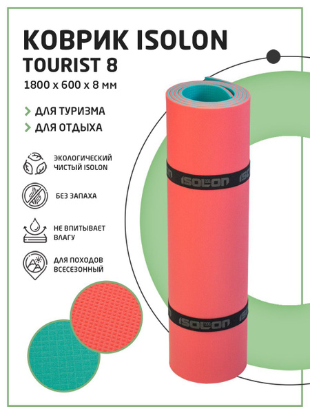 Коврик туристический плотный ISOLON Tourist 8, 180х60см красный-бирюзовый (каремат походный ...