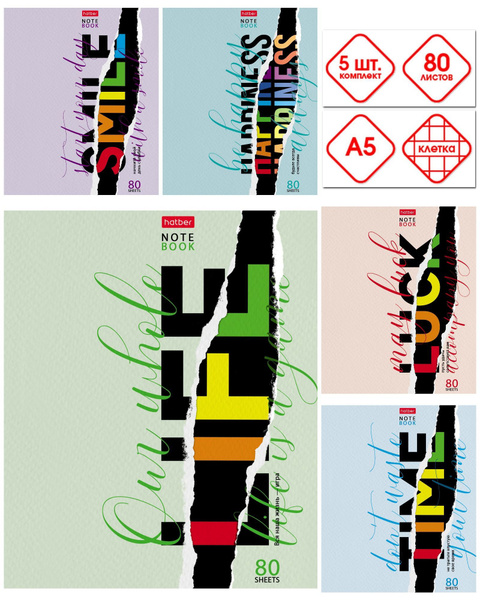Набор тетрадей Hatber 80 листов, формата А5+, в клетку, на скобе, 65 г/кв. м, выборочный лак, 5 ...