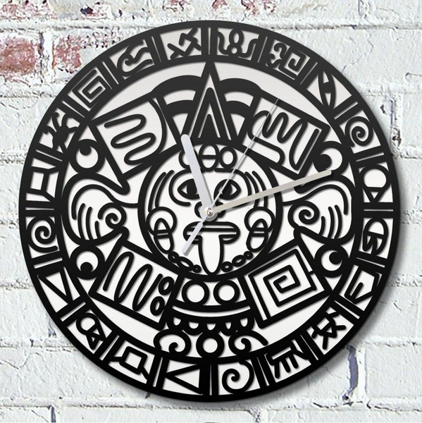 Настенные деревянные бесшумные часы календарь Майя индейцы живопись искусство 2350