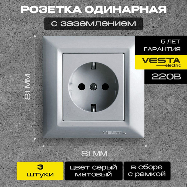 Розетка одинарная с заземлением серебристая Vesta-Electric Roma Silver ...