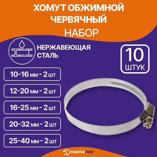 Хомут обжимной металлический набор 5 размеров 10-16, 12-20, 16-25, 20 ...