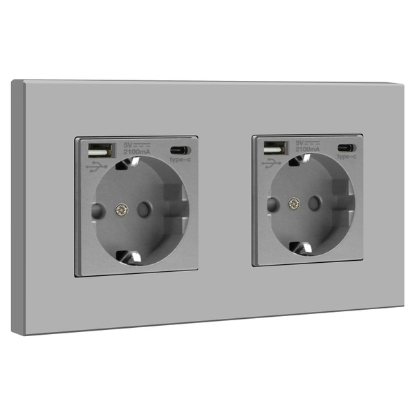 Розетка электрическая двойная с USB и type-C входами, 16А 250В, рамка ...