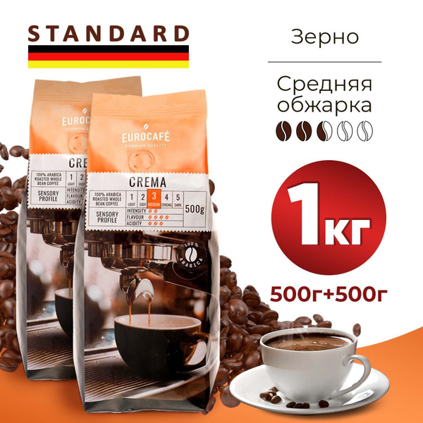 Кофе в зернах Eurocafe Crema, 1 кг, арабика 100%, зерновой натуральный ...
