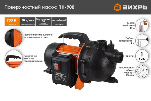 Садовый насос Вихрь Поверхностный насос ПН-900 (900 Вт, 60 л/мин), 220 ...