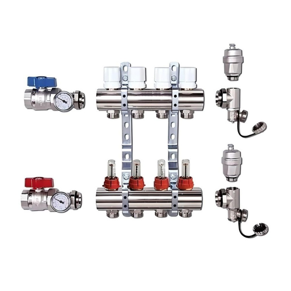 Коллекторная группа ViEiR из латуни с кранами 1"x3/4" с расходомерами 4 выхода VR112-04 - купить ...