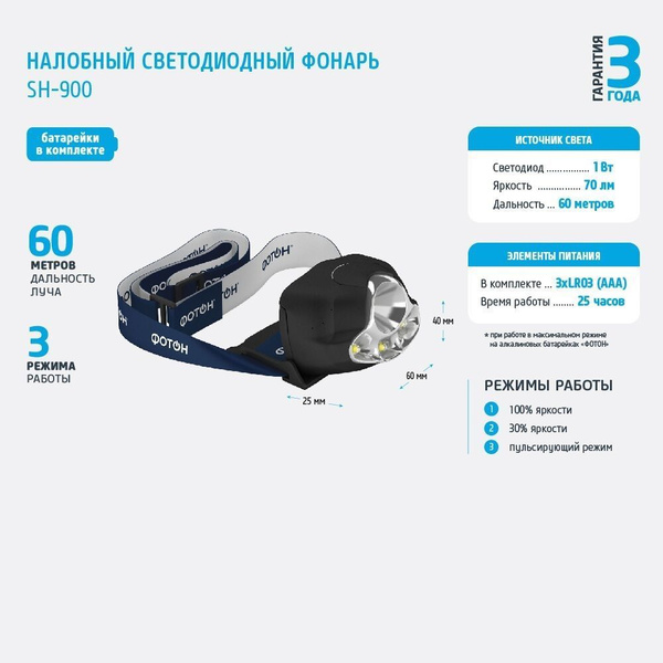 Фонарь налобный светодиодный "ФОТОН" SH-900 - купить по выгодной цене в ...