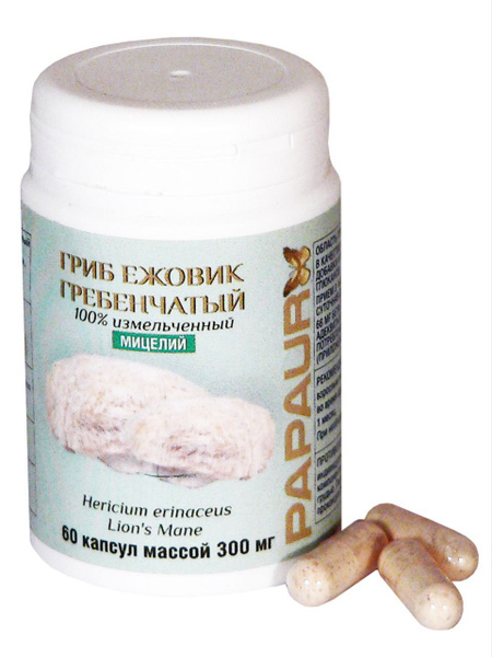 PAPAUR. Гриб Ежовик Гребенчатый измельчённый 100%. Мицелий. 60 капсул ...