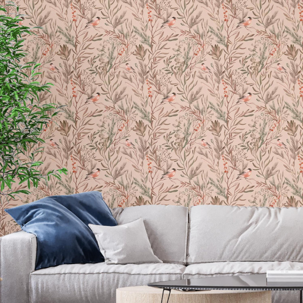 Бежево-коричневые обои с листочками и птичками decoracion 7210307 ...