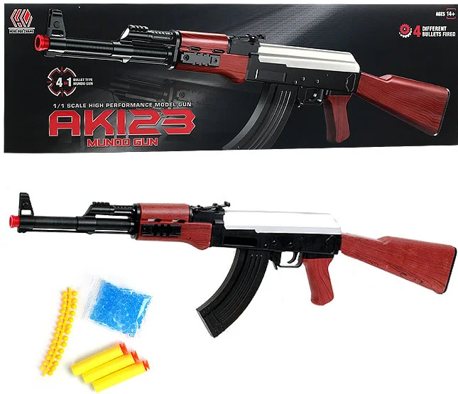 Автомат AK-123 в полном масштабе, стреляет тремя типами пулек, разборный, качественная ...
