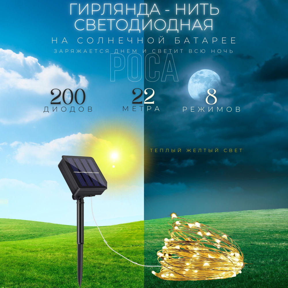 Гирлянда на солнечных батареях уличная , 22 м / Светодиодная садовая ...