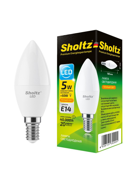 Светодиодная Лампочка SHOLTZ E14 Свеча 380 Лм 2700 К - купить в ...