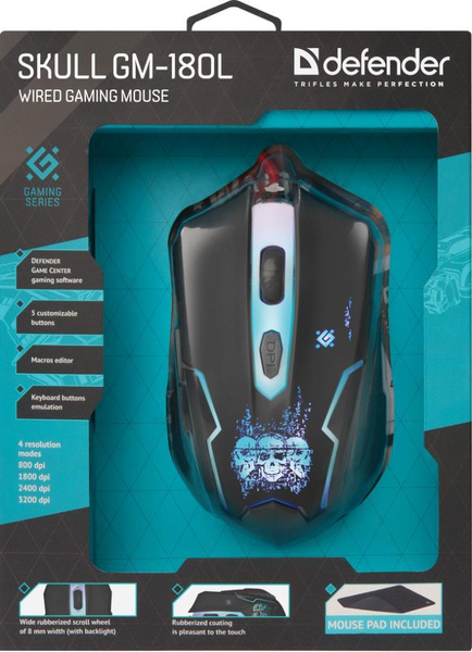 Мышь проводная Defender Skull, 6 кнопок, 3200 dpi 52180, черный - купить по выгодной цене в ...