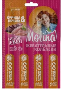 Лакомство для кошек Molina Жевательные колбаски Курица и печень, 20г ...