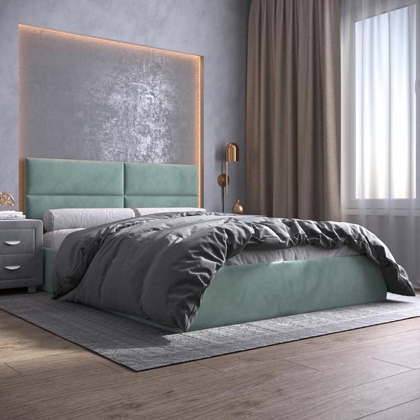 Мягкая кровать с настилом MS Kvadrat мятный велюр, 130х200, без ножек ...