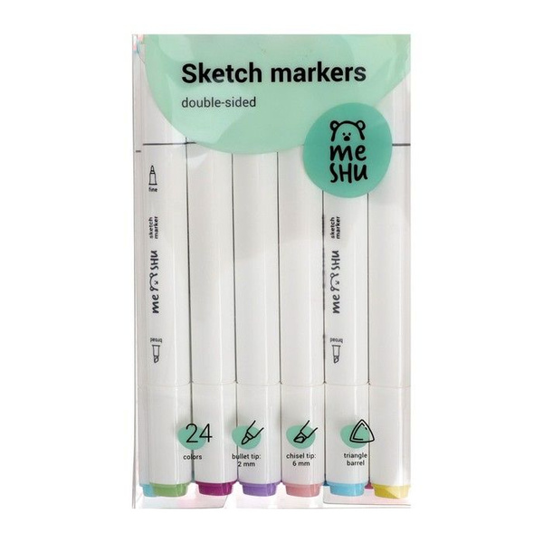 MESHU, Маркеры для скетчинга двусторонние, 24 цвета (основные цвета ...