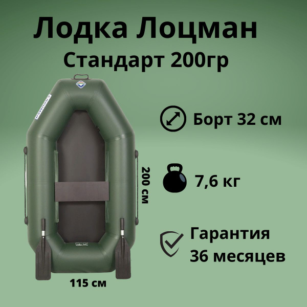 Лодка ПВХ надувная легкая Лоцман Стандарт 200 ГР (с гребками) (Зеленый ...