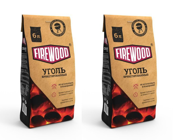 Уголь в брикетах FIREWOOD древесный 6л, 1.8кг х 2 упаковки - купить с ...