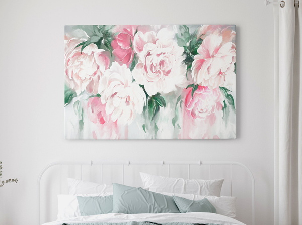 Интерьерная картина Нежно розовые пионы на натуральном холсте большая размер 80 на 115