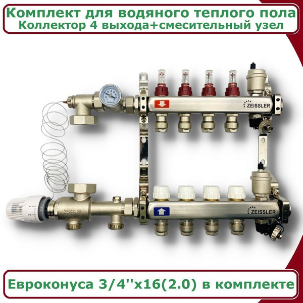 Коллектор для теплого пола 4 контура до 70 кв/м ZEISSLER с ...