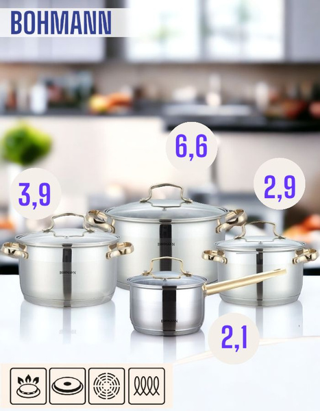 Набор кастрюль Bohmann, Нержавеющая сталь, Стекло, 2,9 л, 3,9 л, 2,1 л ...