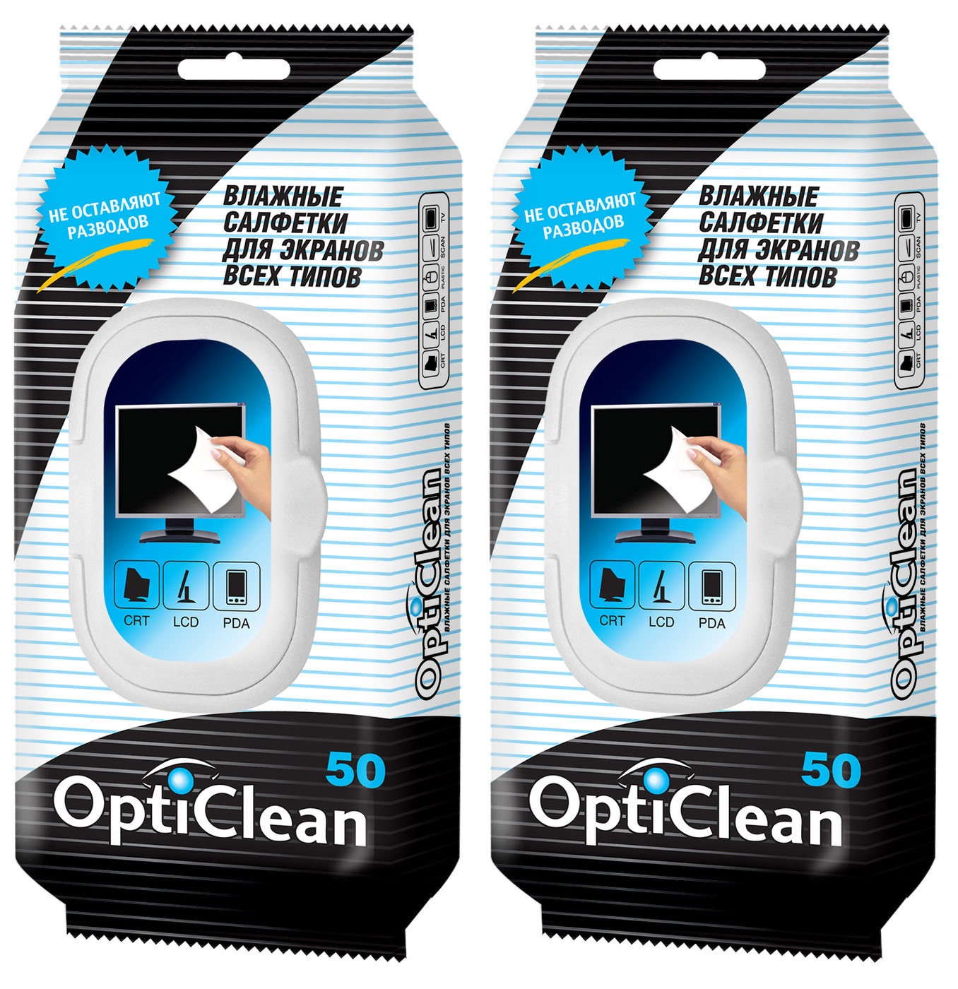 Салфетки влажные OptiClean для экранов всех типов, 50 шт., набор из 2 ...