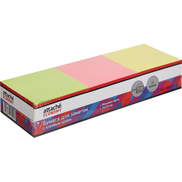 Стикеры с клеевым краем Attache Economy 76х76 мм, 12 блоков по 100 листов, неон - купить с ...