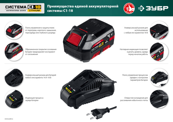 Аккумуляторная батарея ЗУБР 18В 4Ач Li-Ion тип С1 АКБ-С1-18-4 - купить ...