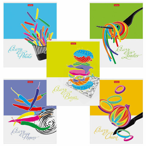 14 шт. Тетрадь А5, 80 л., HATBER скоба, клетка, обложка картон, "Crazy food" (5 видов), 80Т5В1 ...