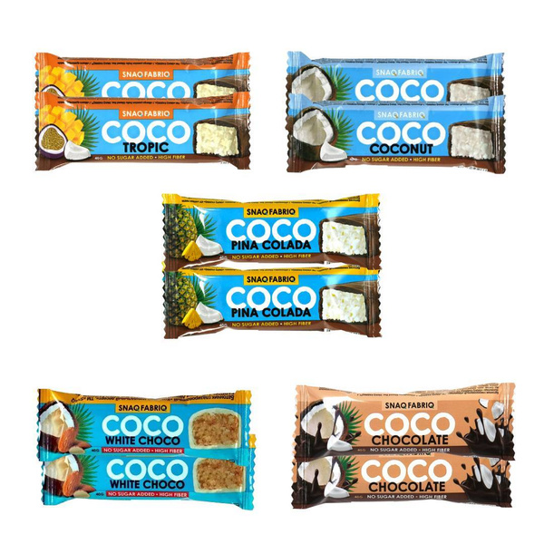 Батончик в шоколаде БЕЗ сахара Snaq Fabriq COCO Ассорти: Кокос, Ананас ...