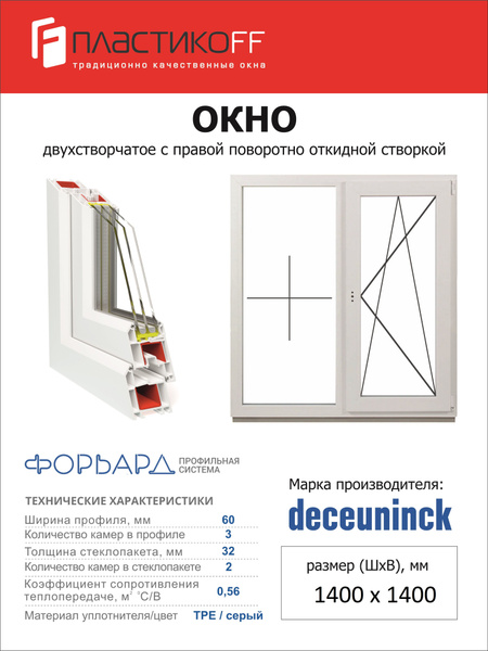 Двухстворчатое поворотно-откидное, правое открывание, Окно ПВХ ...