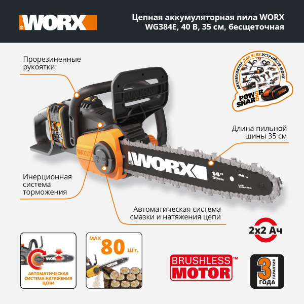 Аккумуляторная цепная пила Worx WG384E.9 c бесщеточным мотором, 40В, 35 ...