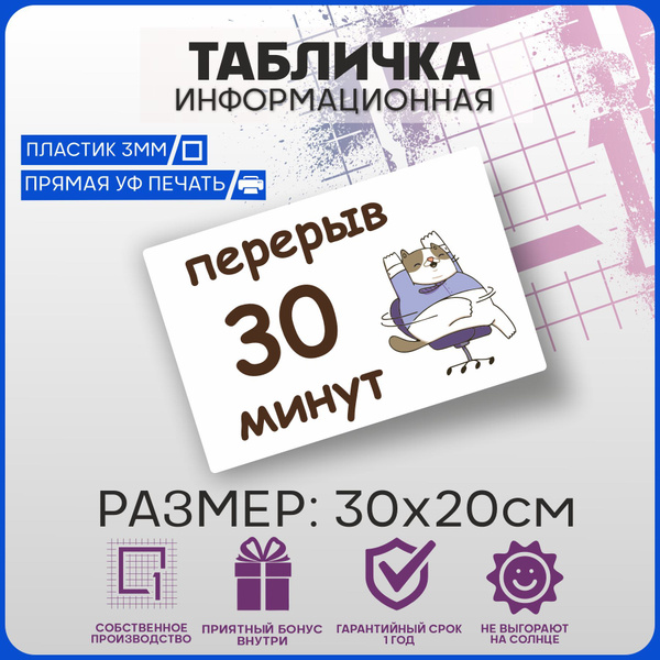 Таблички информационные Перерыв 30 минут 30х20см, 30 см - купить в ...