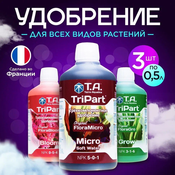 Комплект удобрений Grow, Bloom, Micro SW, универсальное удобрение, 3шт. по 500мл, (Terra ...