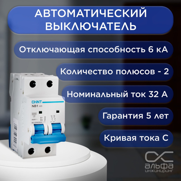 Купить Автоматический выключатель CHINT NB1-63 2P 32A 6кА х-ка C, 179663 по низкой цене в ...