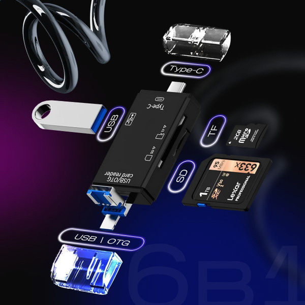 Картридер универсальный 6 в 1 черный MicroSD, SD, Type-C, Micro USB, USB, OTG, TF - купить с ...