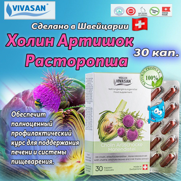 Вивасан Холин- Артишок-Расторопша капсулы, Vivasan БАД для восстановления работы кишечника, 30 ...