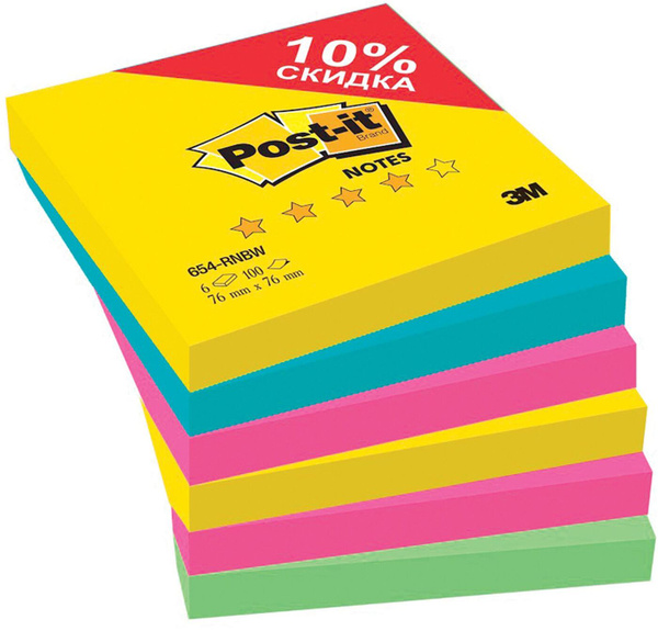 Самоклеящийся блок Post-it Радуга Плюс, 7,6 х 7,6 см, 6 шт по 100 ...