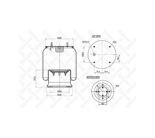 Пневмоподушка со стак4шп.M12. 1отв.шт.M22. Порш стальн.4отв.M12 SAF/ROR ...