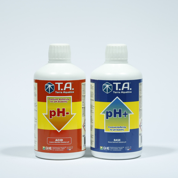 Комплект регуляторов кислотности, GHE, (pH Down + pH Up), 2шт. по 0.5л, (Terra Aquatica ...