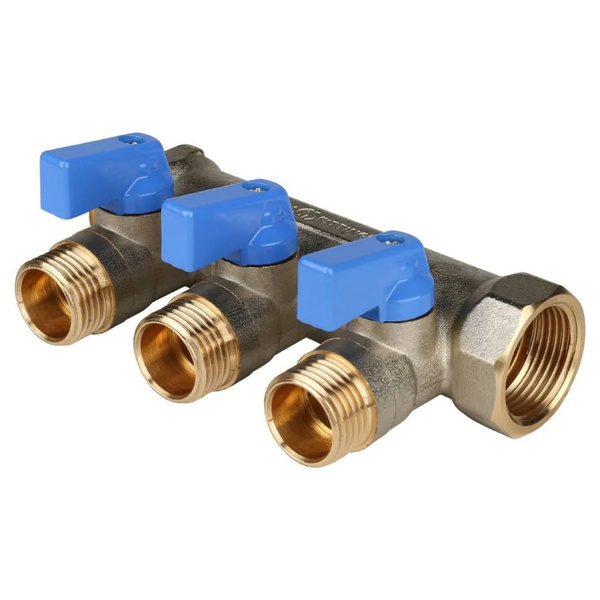 Коллектор с кранами и прокладкой O-Ring 3/4" STOUT 3 выхода 1/2", синие ...